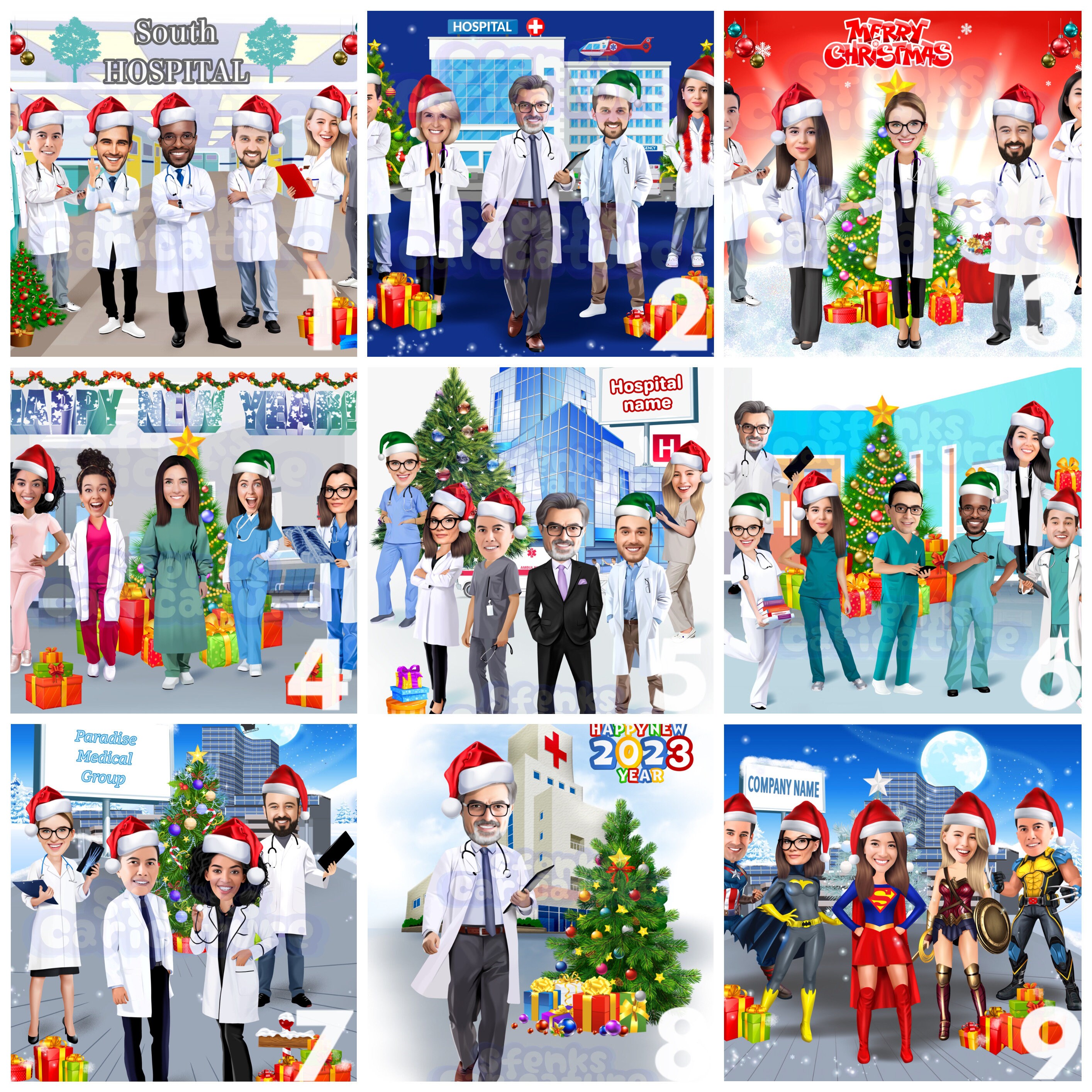 Christmas Cartoon Doctors Portrait, Hospital CARICATURE Greeting Card ...