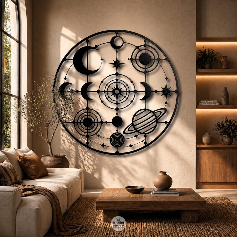 Black Metal Solar System Wall Art, Geometric Moon Phase Sculpture ...