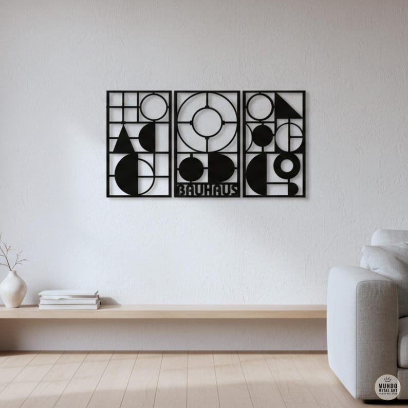 Bauhaus Geometric Metal Wall Art Triptych - Modern Abstract Black Steel ...
