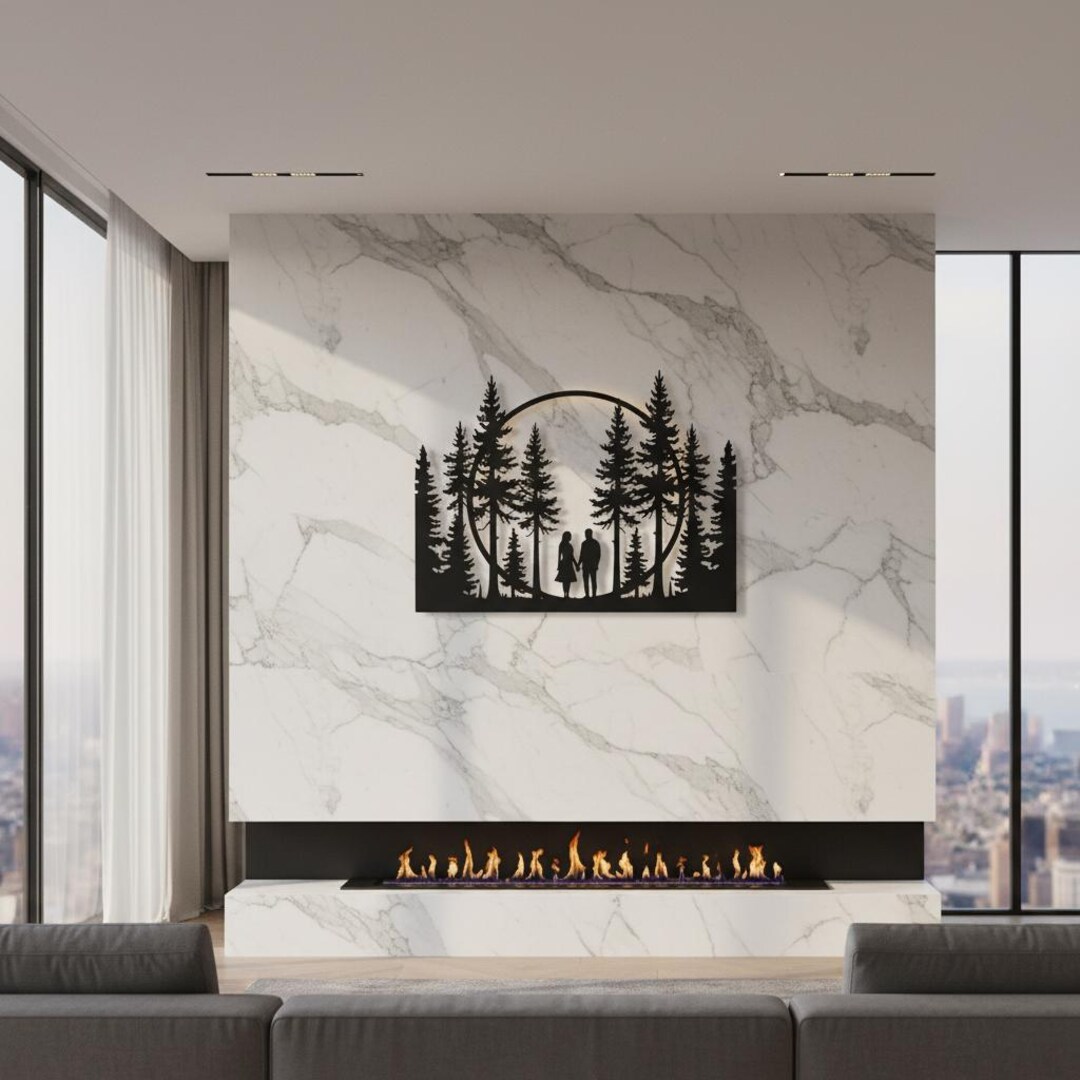Moonlit Forest Couple Metal Wall Art, Romantic Nature Silhouette Decor ...