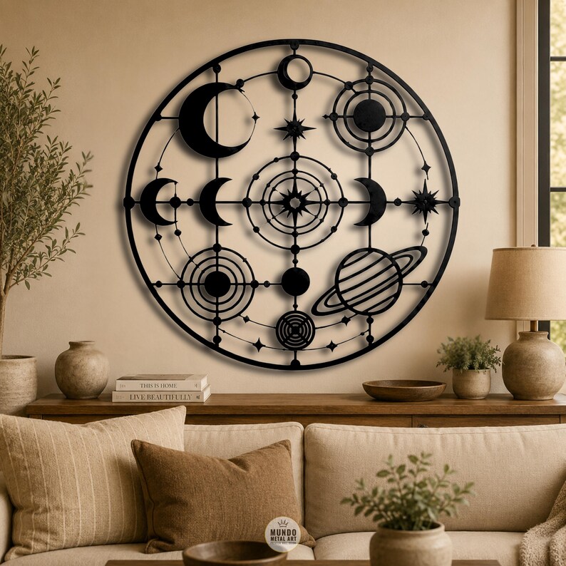 Black Metal Solar System Wall Art, Geometric Moon Phase Sculpture ...