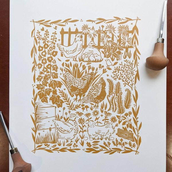 Chicken Linocut - Etsy