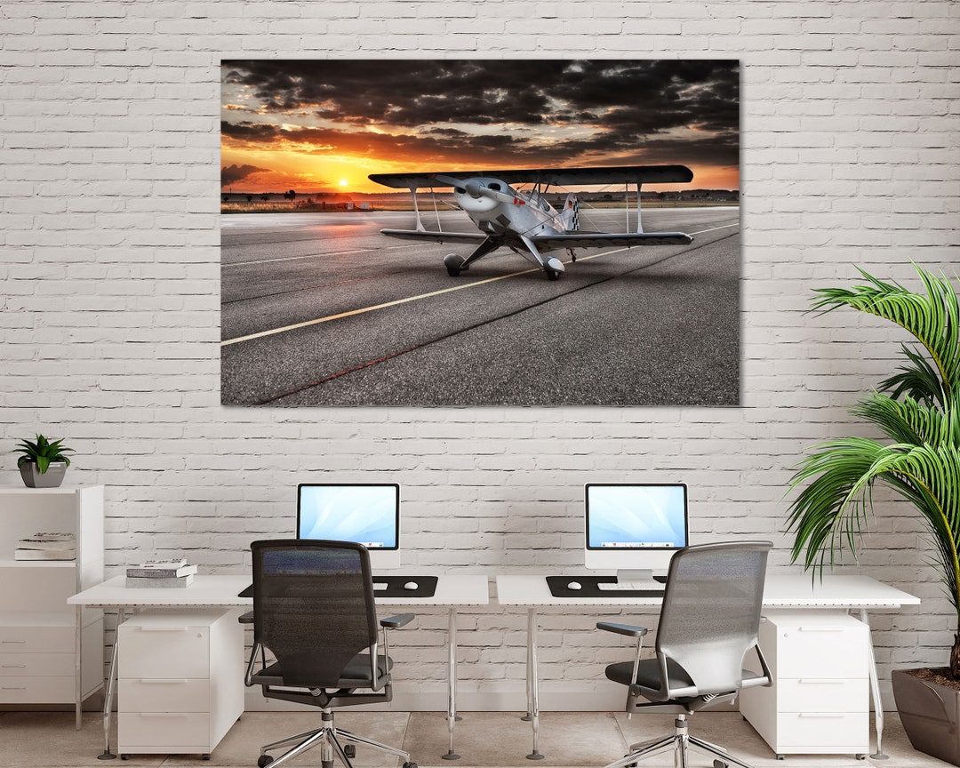 Vintage Biplane Sunset Canvas – Retro Airplane Wall Art for Pilots ...