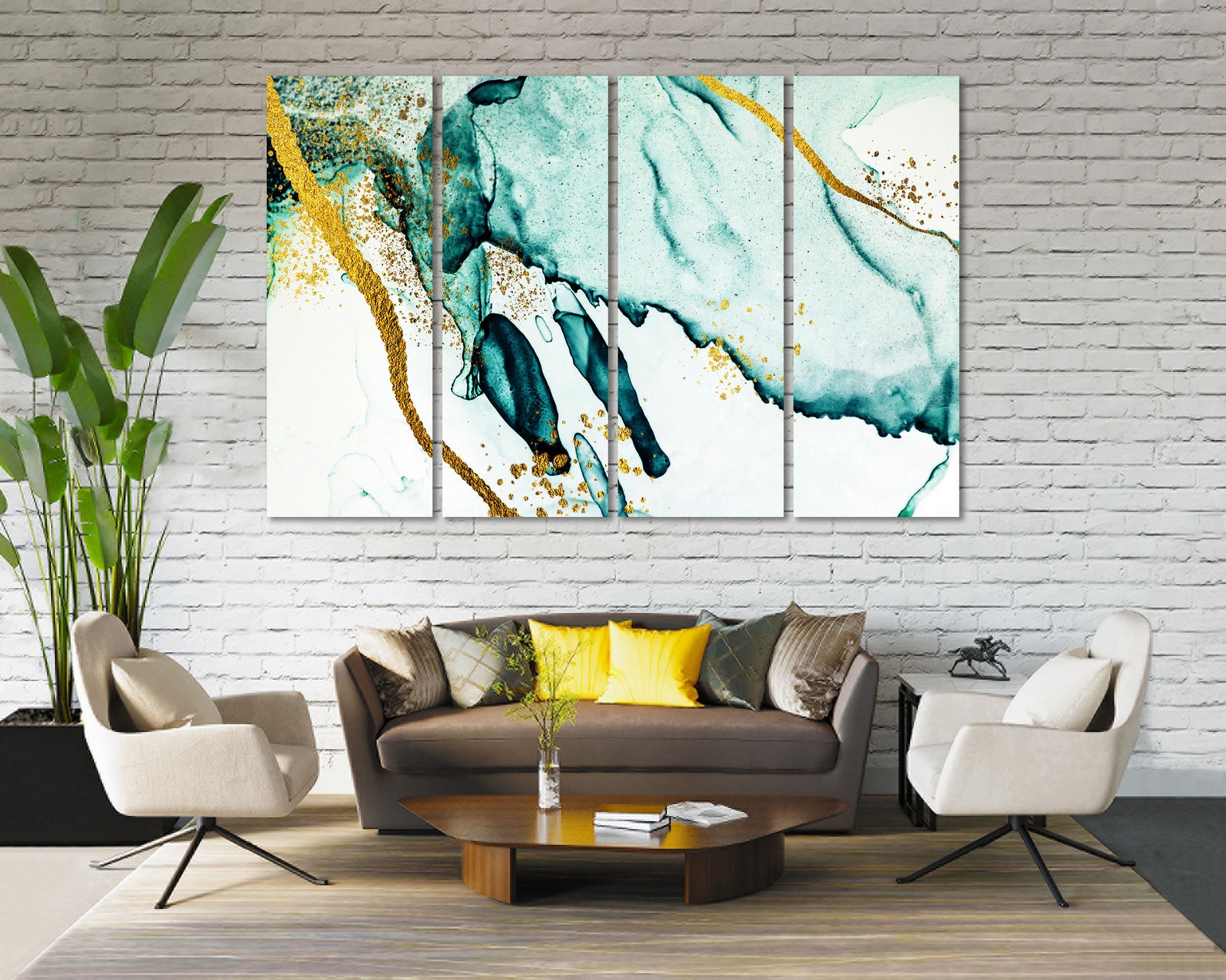 Emerald Abstract Art with Gold Accent Abstract Drawing Wall | Etsy