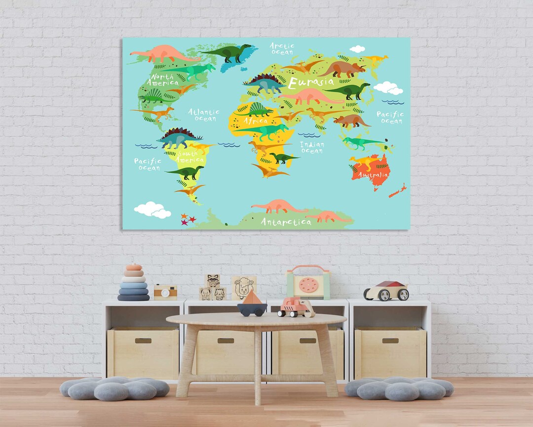Dino World Map for Kids Art Wall Animal World Map Painting Decor Dino ...