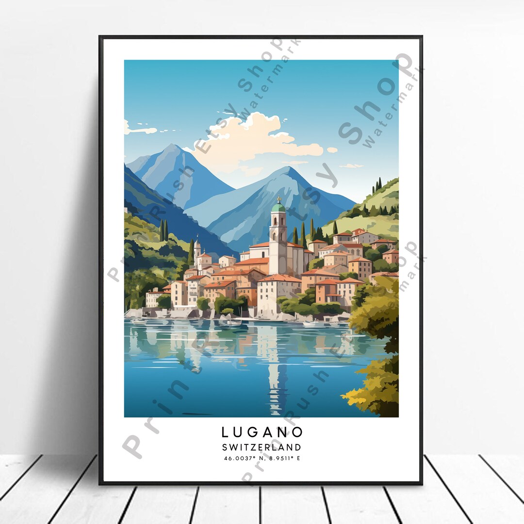 Lugano Poster Colourful Lugano Print Switzerland Travel Print ...