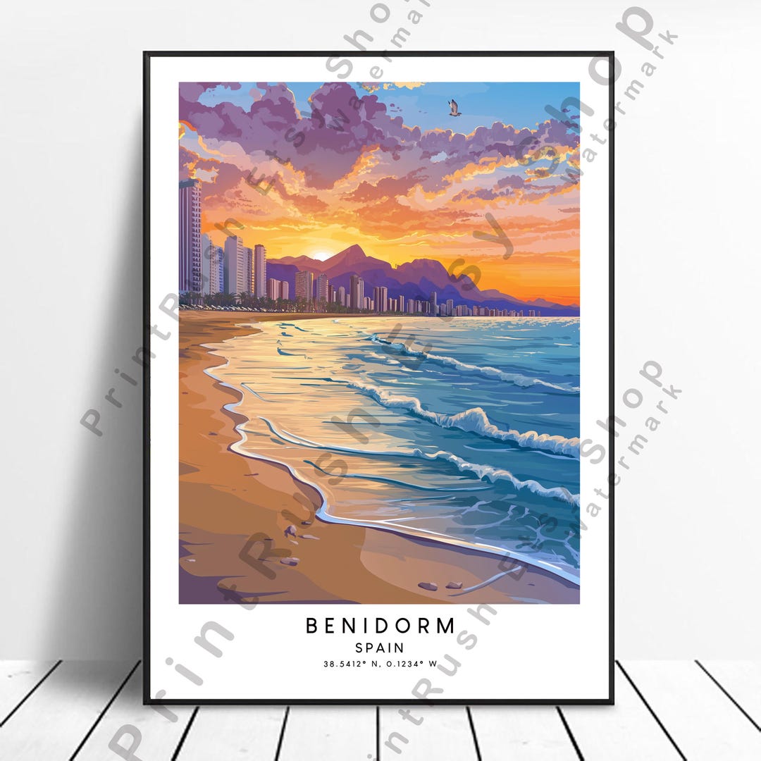 Benidorm Spain Travel Poster Coastal Wall Art Print Beach Sunset ...
