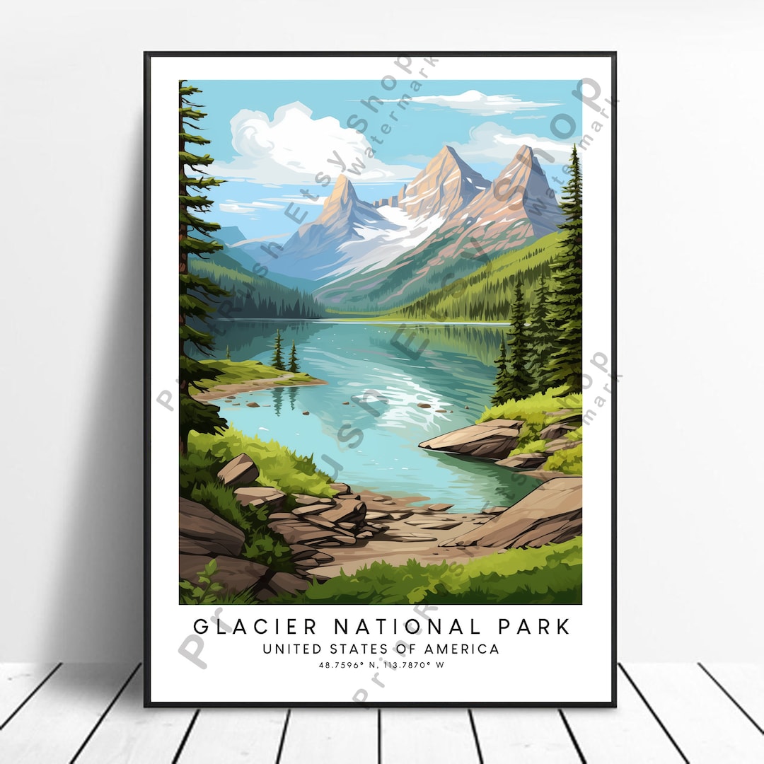 Glacier National Park Travel Print Colourful Glacier National Park ...