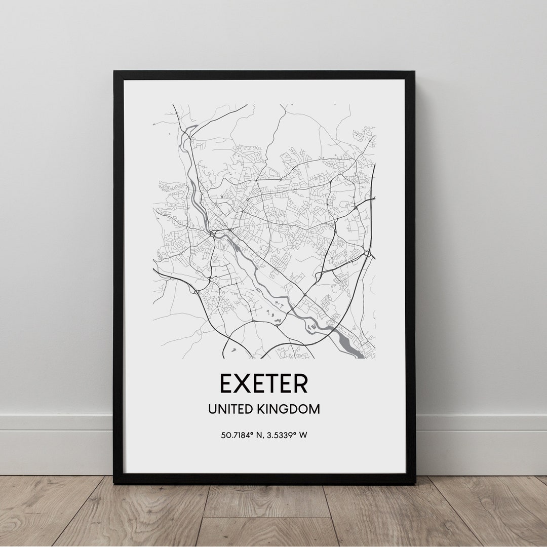 Exeter City Map Print Exeter Map Wall Art Exeter Map Poster Black and ...