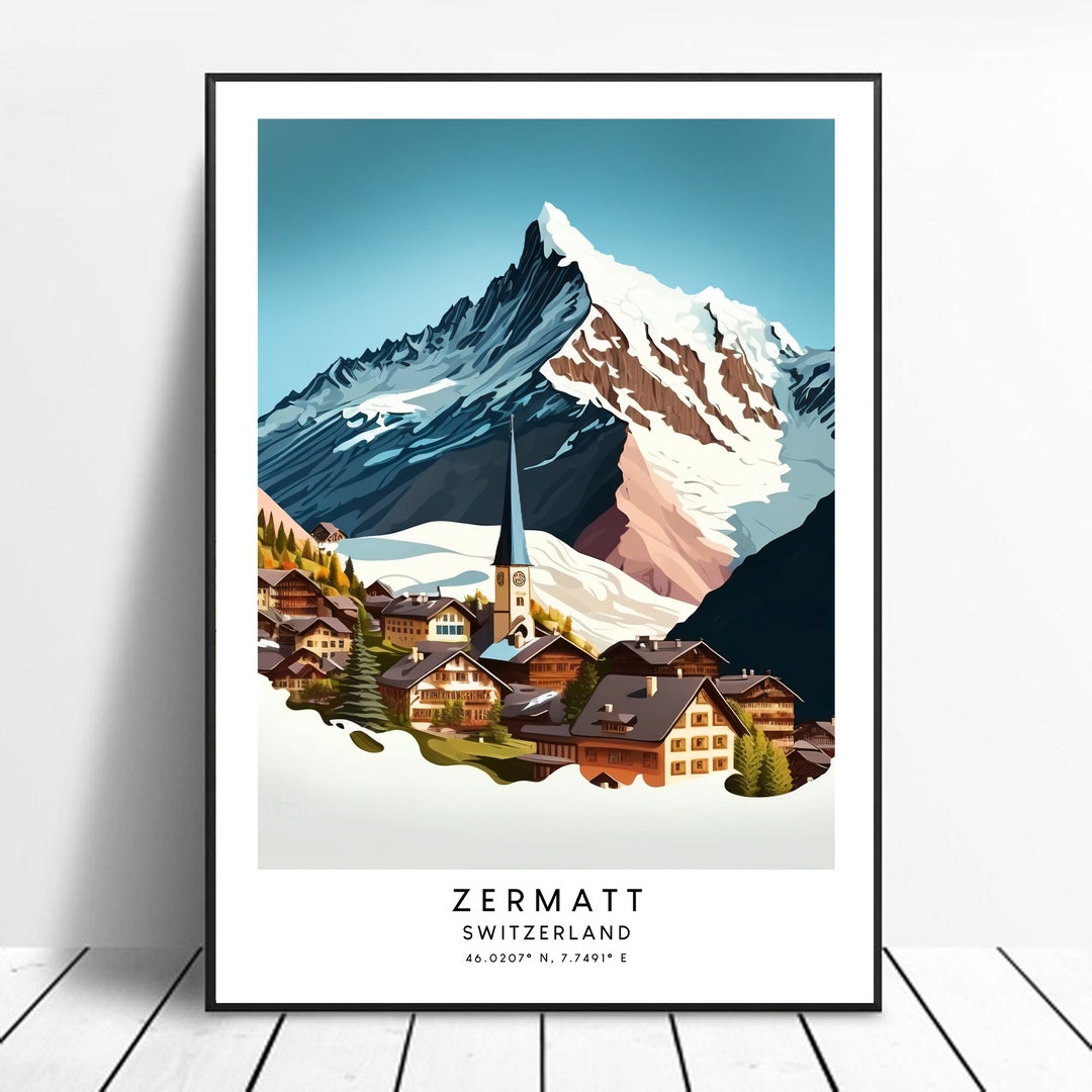 Zermatt Switzerland Travel Print Colourful Matterhorn Poster Zermatt ...