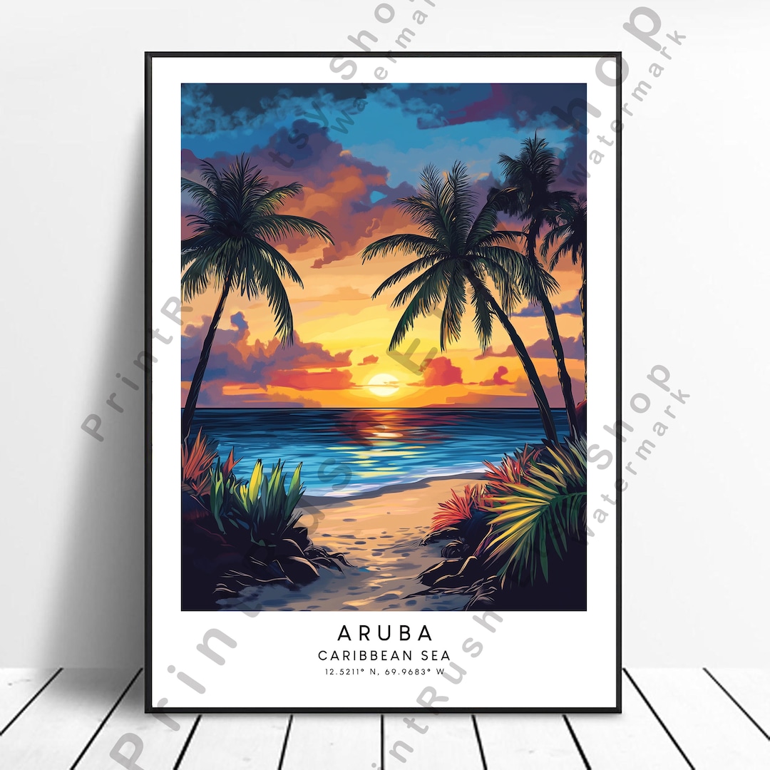 Aruba Sunset Wall Art Print Caribbean Sea Beach Poster Tropical Island ...