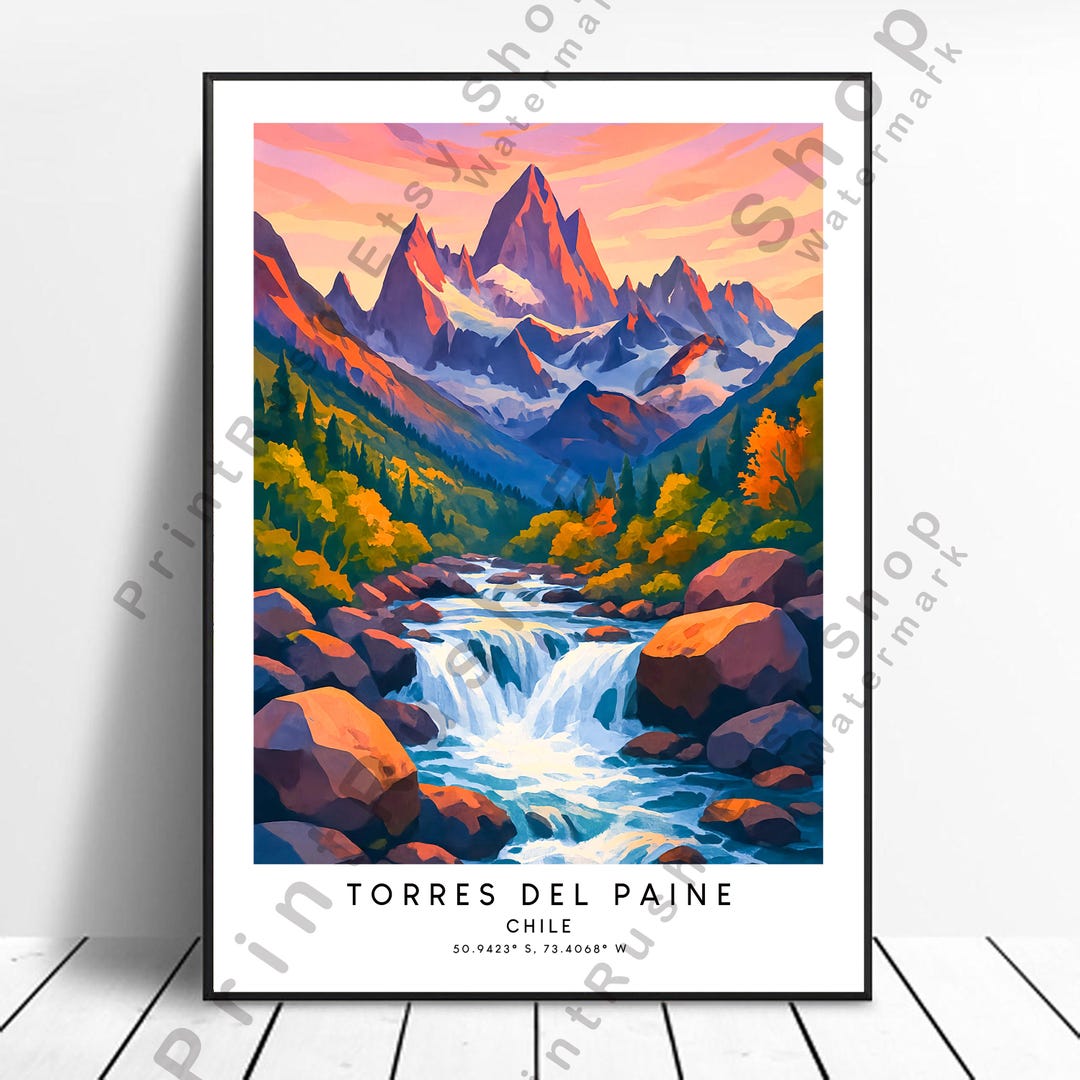 Chile Torres Del Paine Illustration Art Print Landscape Wall Decor ...
