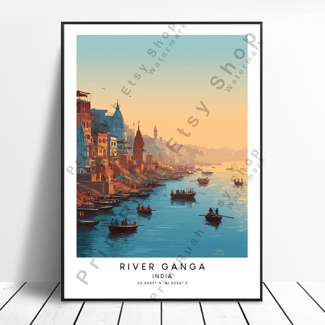 River Ganga Poster India Illustration Art Print Ganges Wall Décor ...