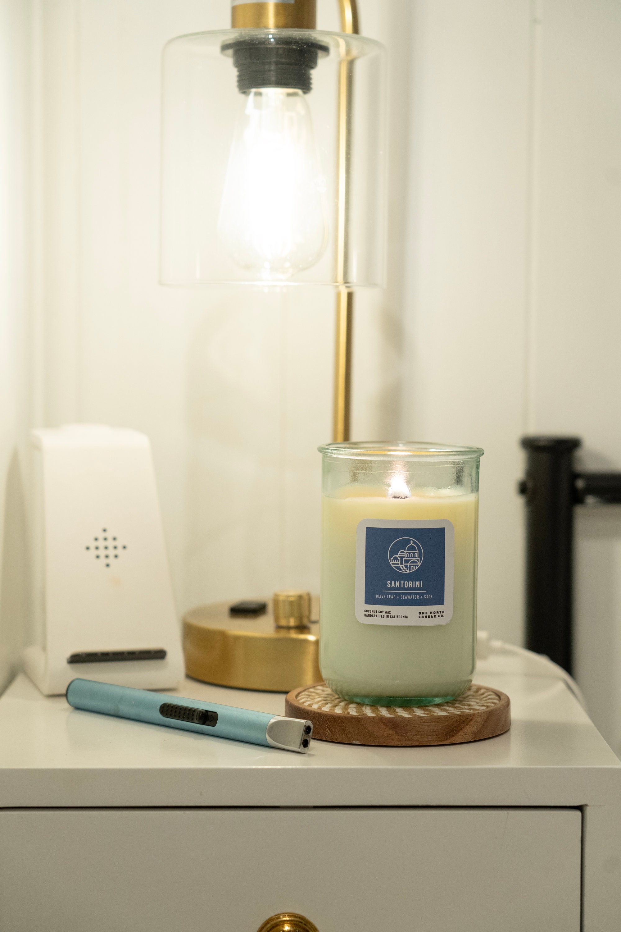 Santorini Candle olive Leaf Seawater Sage coconut Soy Wax Recycled Glass Jar Eco-friendly Travel ...