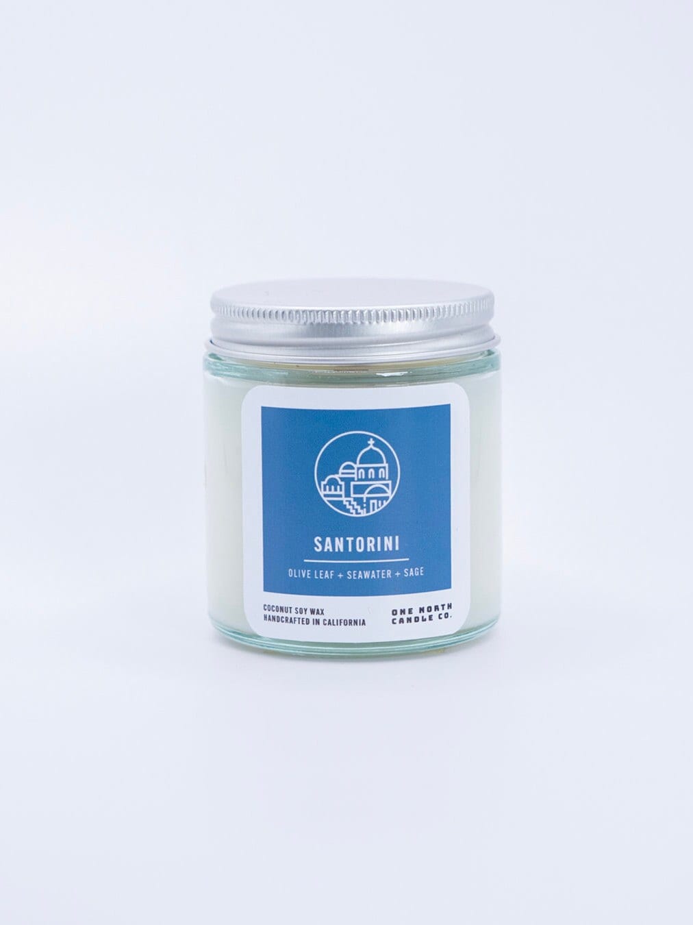 Santorini Candle olive Leaf Seawater Sage coconut Soy Wax Recycled Glass Jar Eco-friendly Travel ...