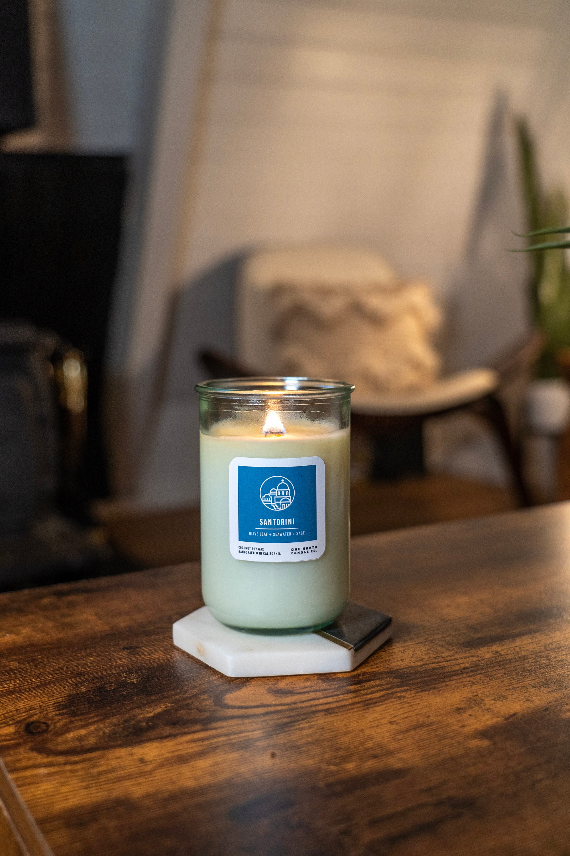 Santorini Candle olive Leaf Seawater Sage coconut Soy Wax Recycled Glass Jar Eco-friendly Travel ...