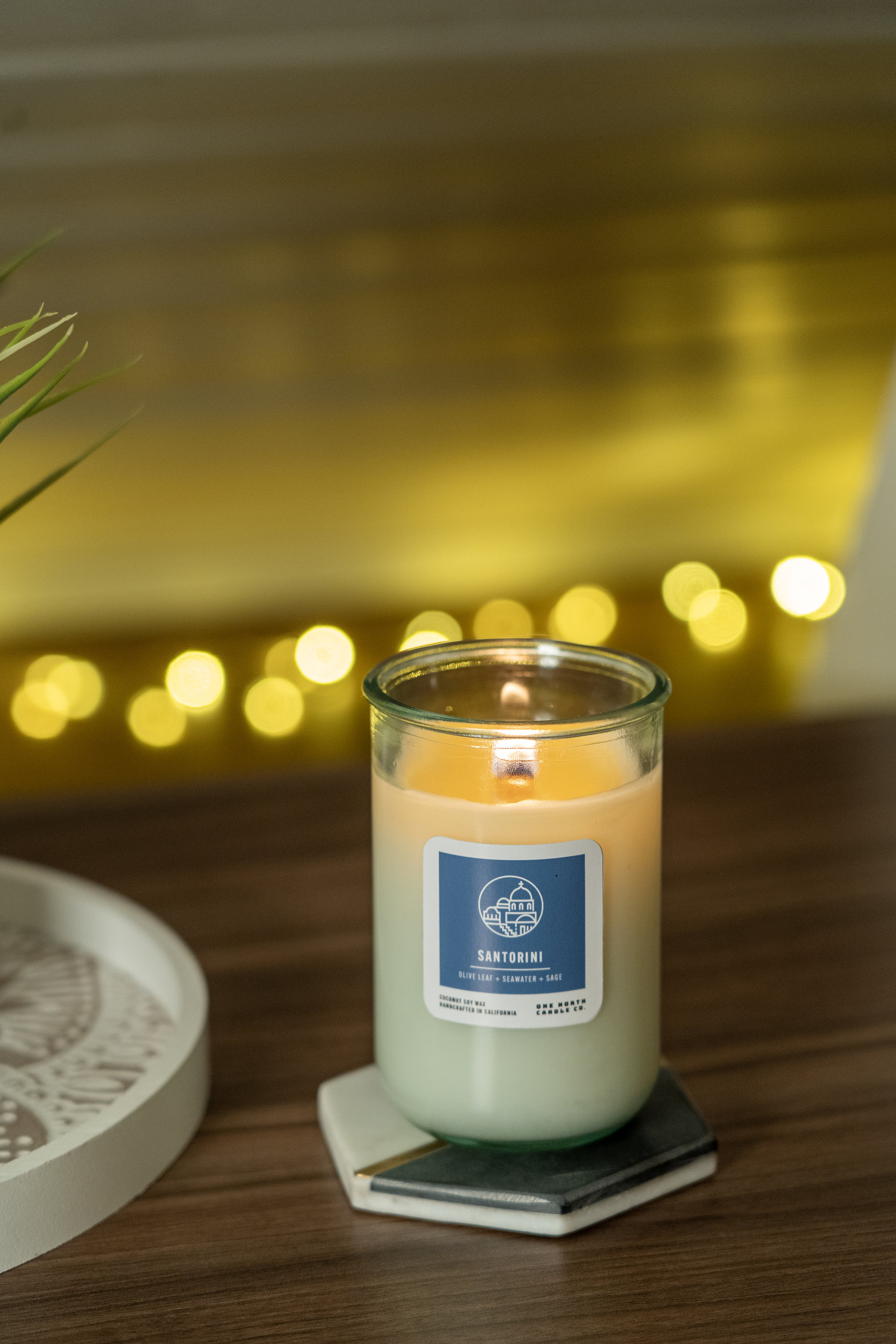 Santorini Candle olive Leaf Seawater Sage coconut Soy Wax Recycled Glass Jar Eco-friendly Travel ...