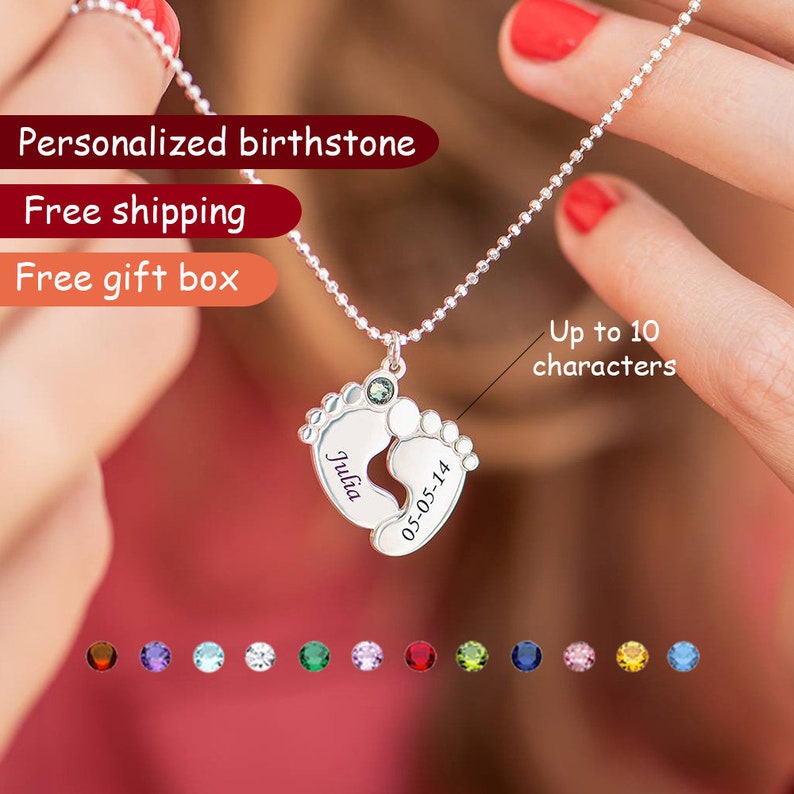 Premium Personalized Baby Feet Necklace With Birthstone, Baby Footprint ...
