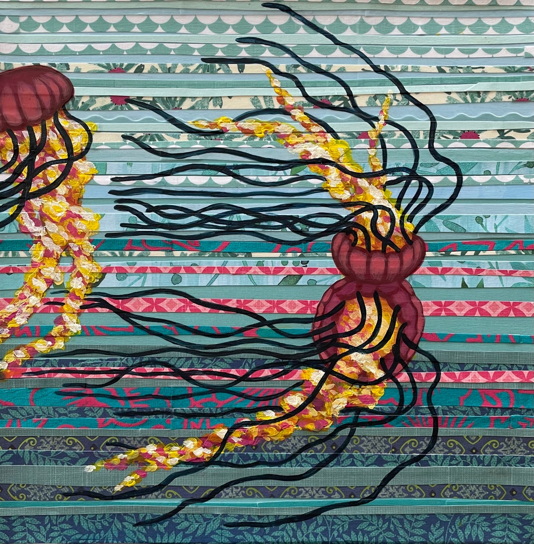 Three Pink Jellyfish 12x12 Inch Original Collage Painting - Etsy