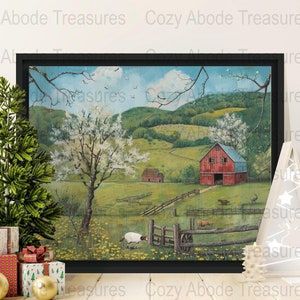 Rustic Farmhouse Digital Art Print, Spring Countryside Landscape ...