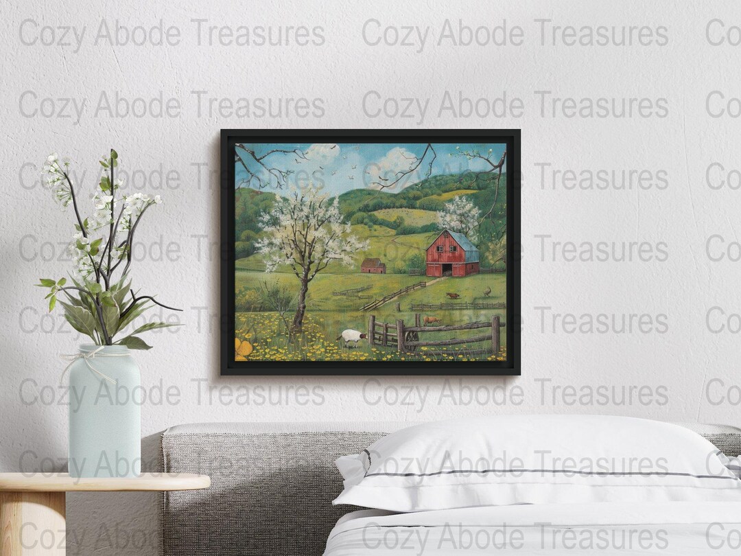 Rustic Farmhouse Digital Art Print, Spring Countryside Landscape ...