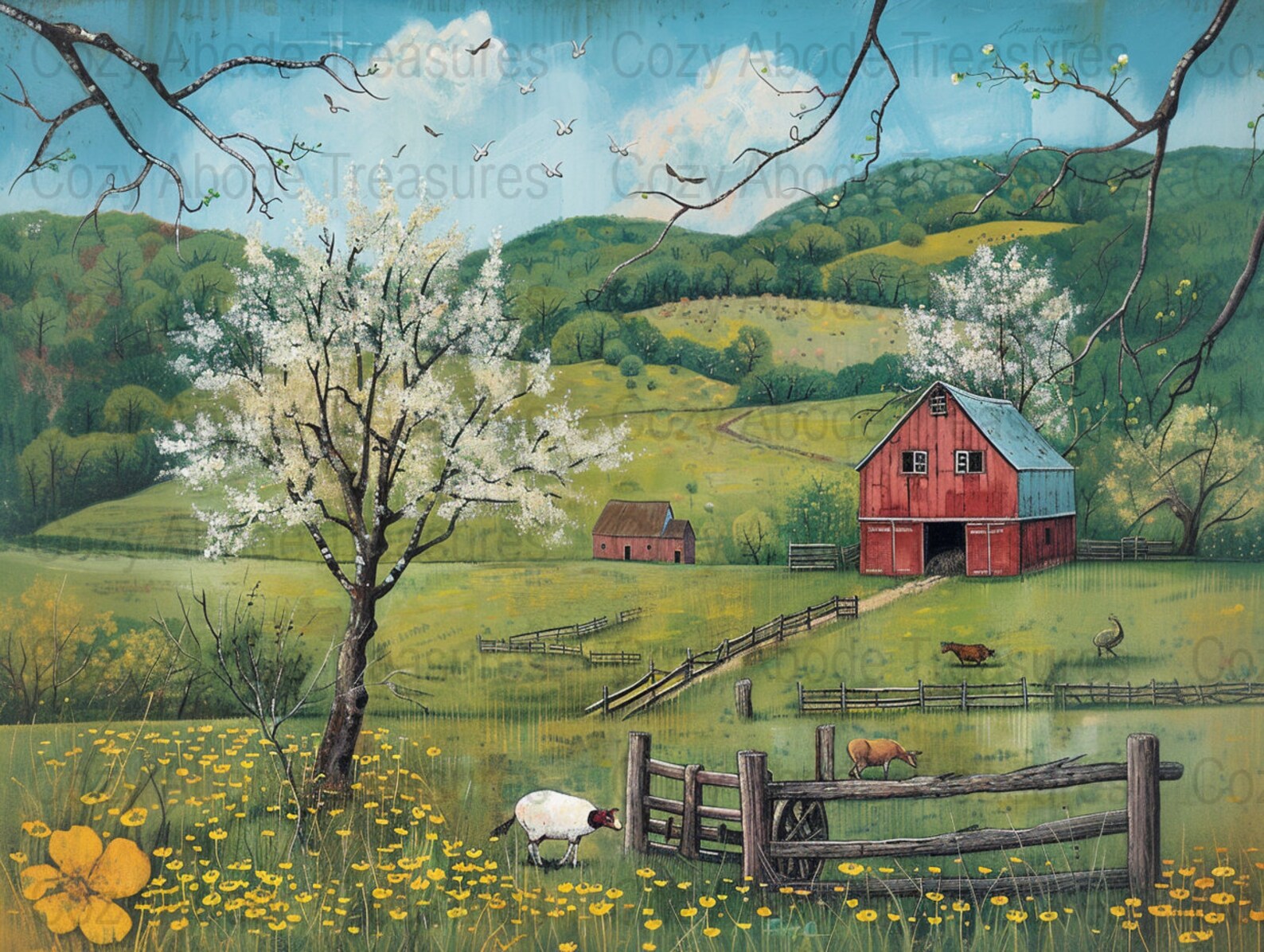 Rustic Farmhouse Digital Art Print, Spring Countryside Landscape ...