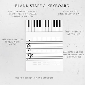 Music Staff and Piano Keyboard Printable, Piano Note Practice Printable ...