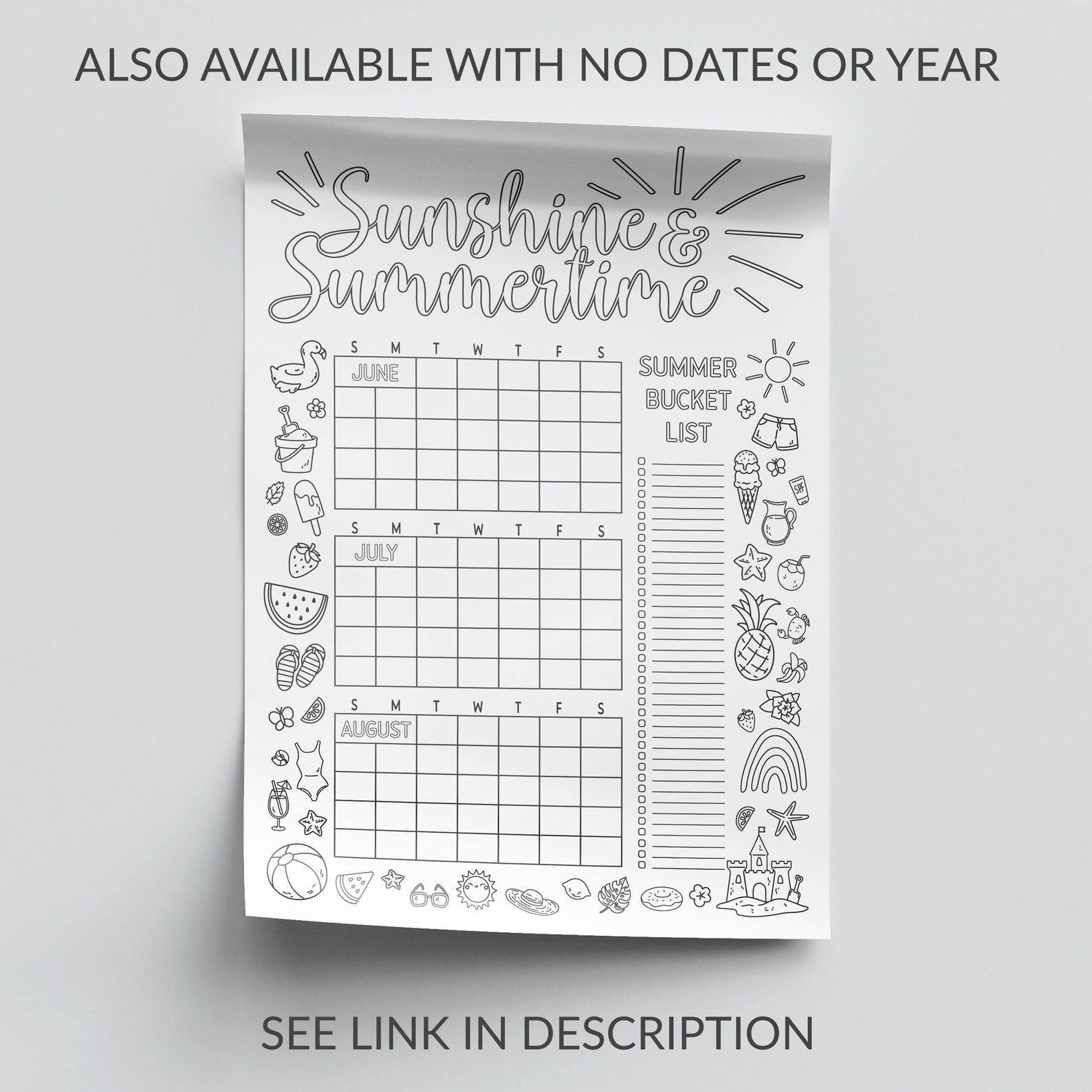 Huge Summer 2024 Coloring Wall Calendar, Giant Summer Planner Poster ...