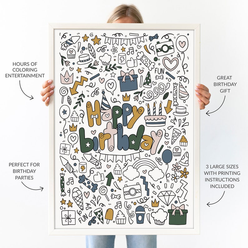 Giant Happy Birthday Coloring Poster for Kids, Printable Party Activity ...