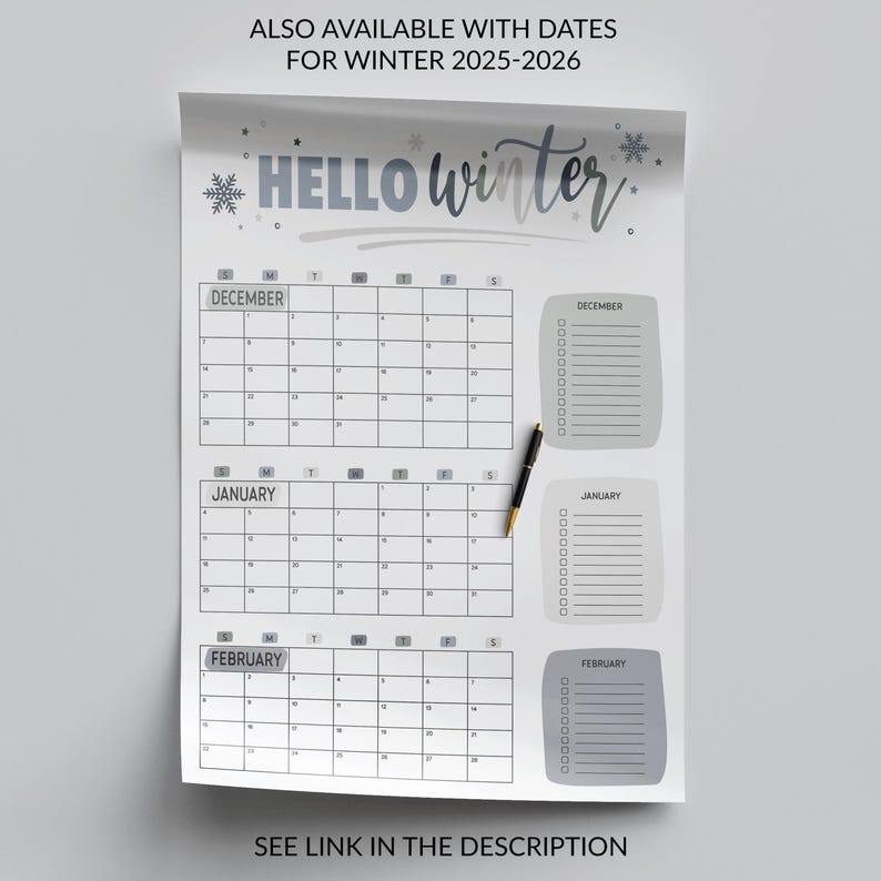 Large Undated Winter Wall Calendar: Quarterly Planner (digital Download ...
