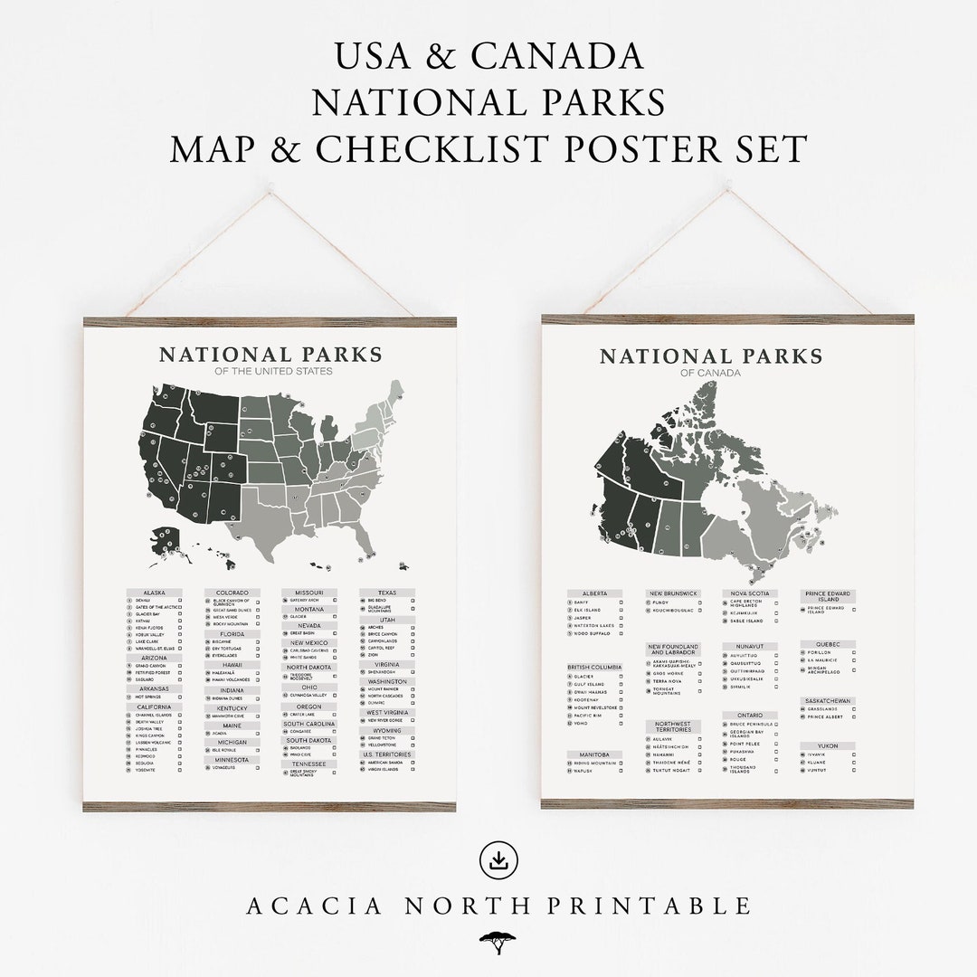 US & Canada National Parks Map and Checklist Poster Set 63 US - Etsy