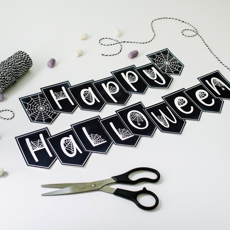 Printable Happy Halloween Banner, Black and White Spider Web Letters ...