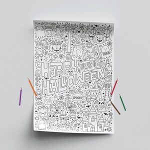 Huge Halloween Doodles Coloring Poster: Kids Party Activity (digital ...