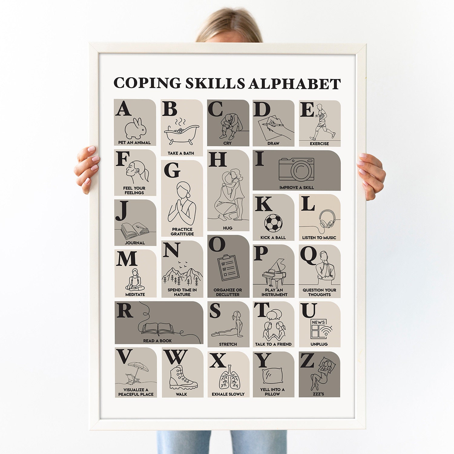 Coping Skills Alphabet Poster: Neutral A-Z Mental Health Chart, Therapy ...