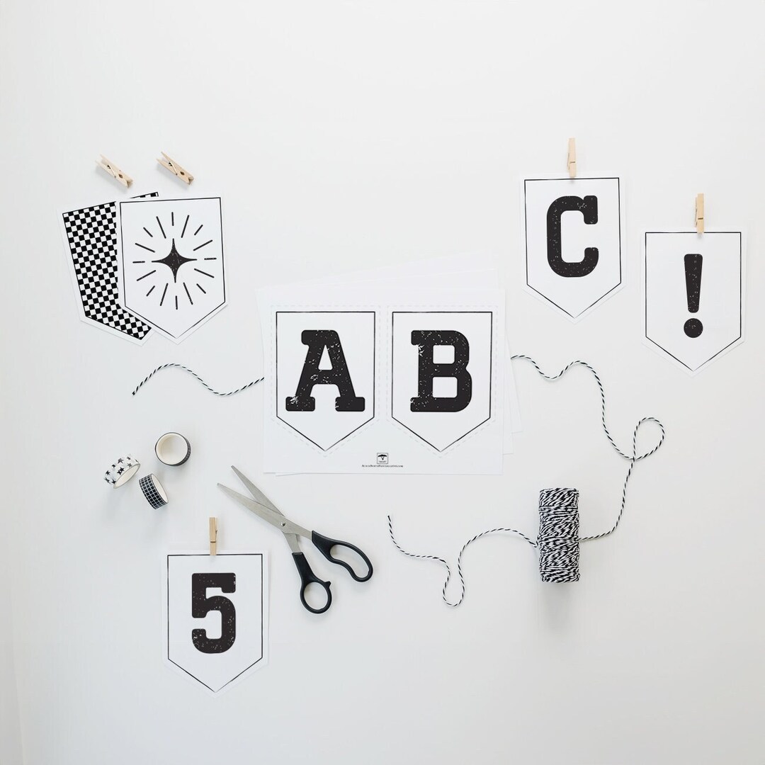 Printable Black and White Pennant Banner With Alphabet Letters, Numbers ...