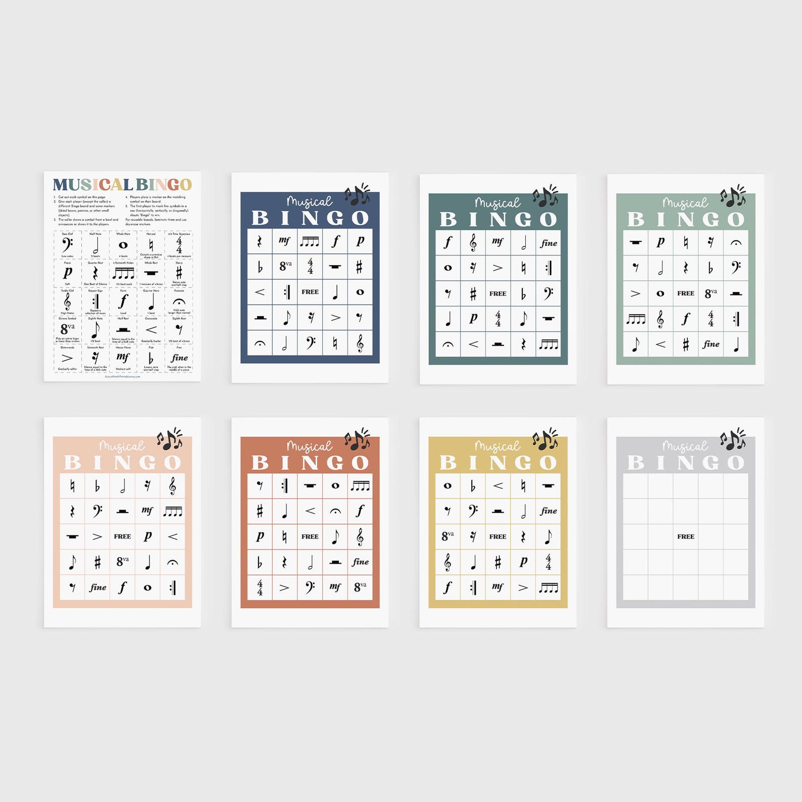 Printable Music Theory Bingo: Music Symbols Matching Game, 6 Colorful ...