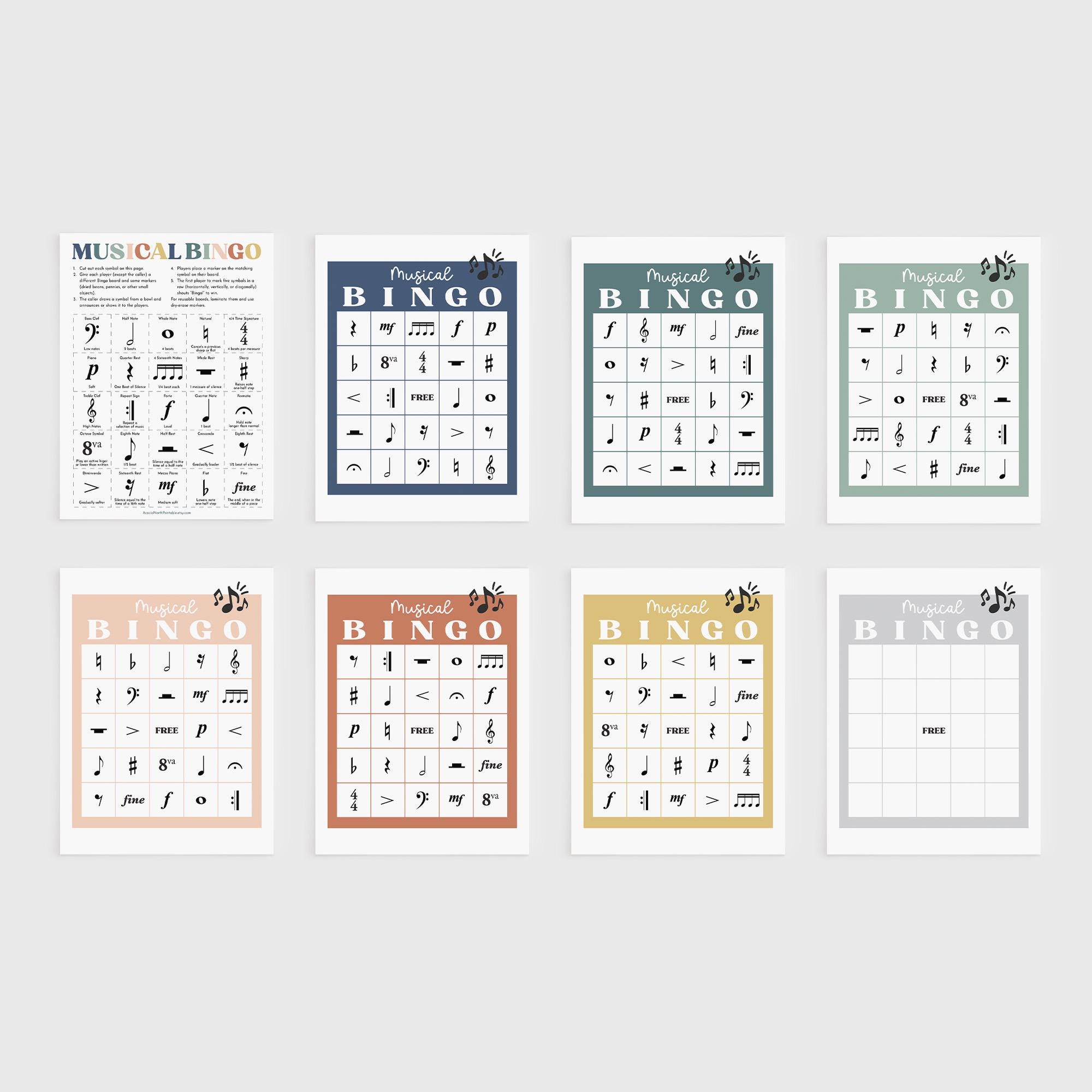 Printable Music Theory Bingo: Music Symbols Matching Game, 6 Colorful ...
