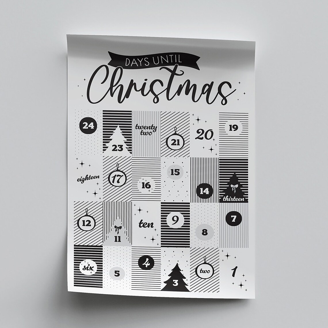 Large Christmas Countdown Poster, Black and White Advent Calendar ...