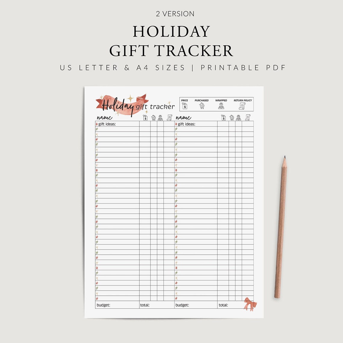 Christmas Holiday Gift Tracker, 2 Printable Versions Included, Gift ...