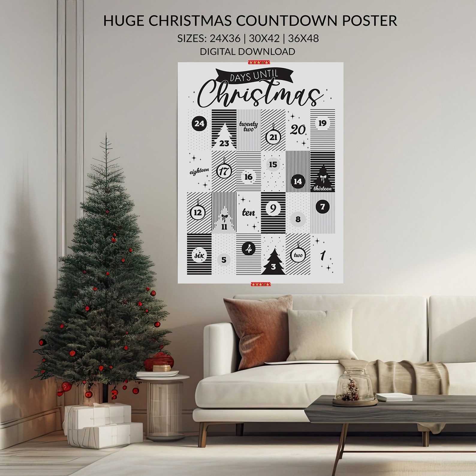 Large Christmas Countdown Poster, Black and White Advent Calendar ...