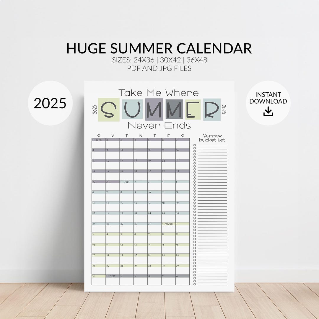 Large 2025 Summer Calendar, Big Summer Planner Poster, Bucket List ...