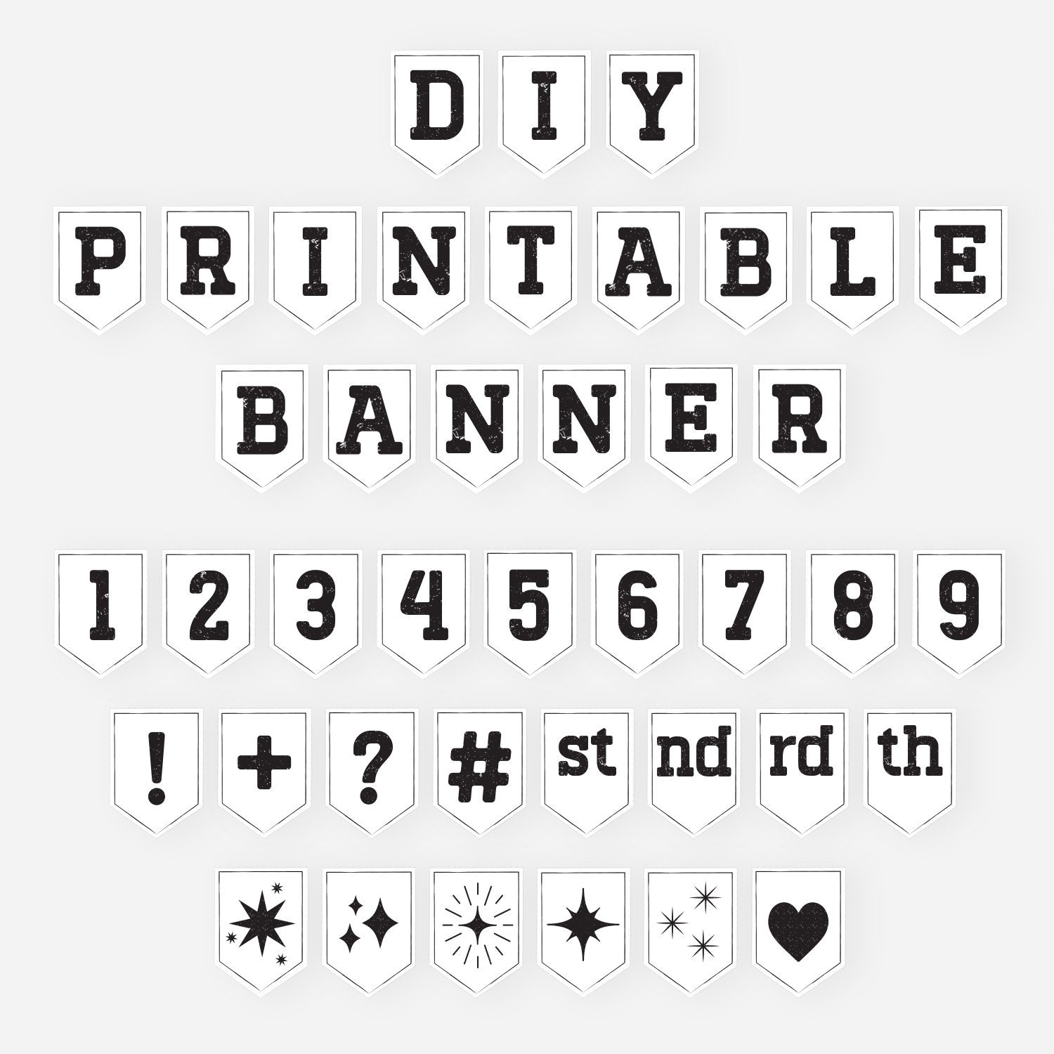Printable Black and White Alphabet Banner: Letters, Numbers, Icons (PDF ...