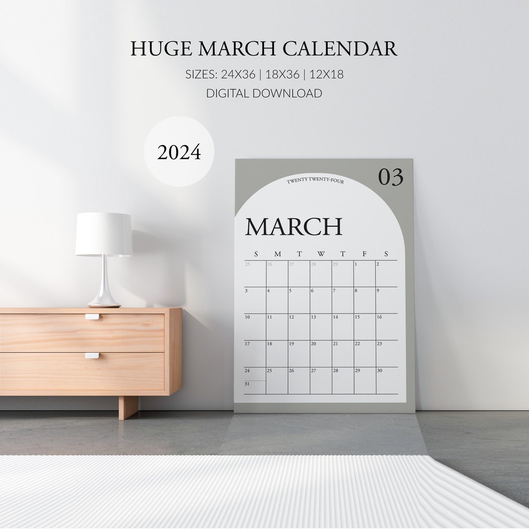 Large March Wall Calendar, Sizes 24x36, 18x24, 12x18, JPG & PDF ...
