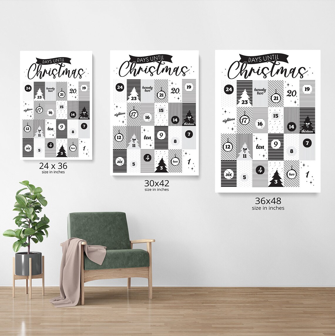Large Christmas Countdown Poster, Black and White Advent Calendar ...