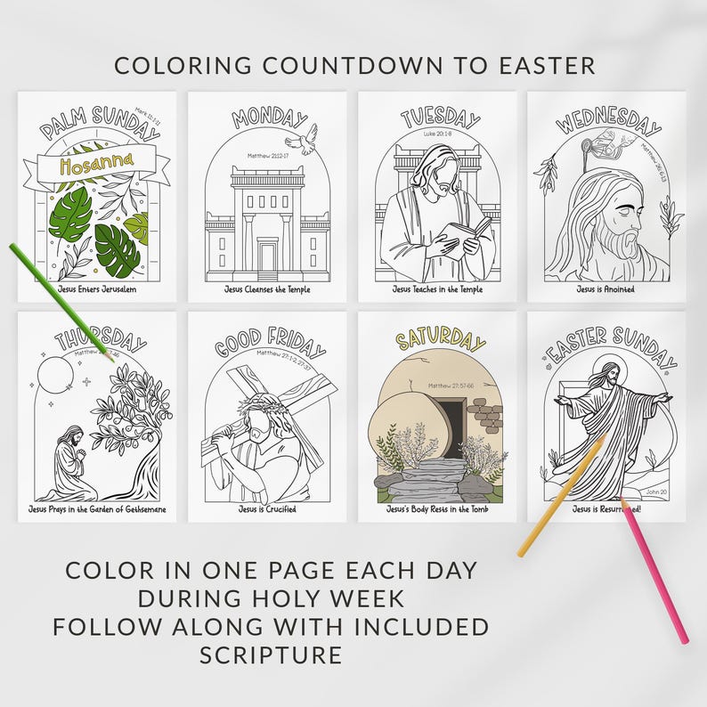 Holy Week Countdown Coloring Pages: Easter Scripture Activity (PDF ...