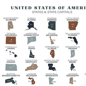 USA State Capitals Poster, United States Capitals Chart, Minimal ...
