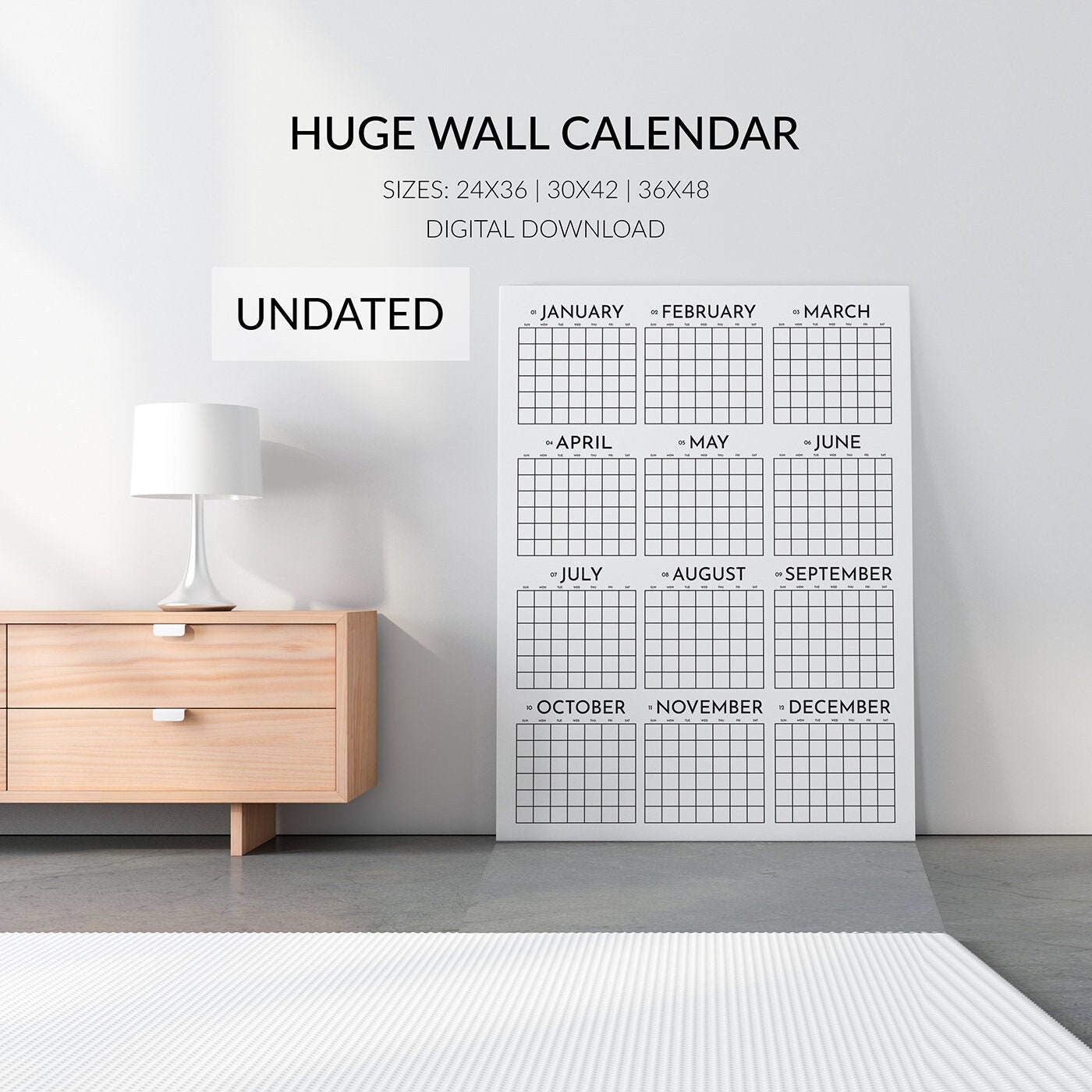 Large Undated Yearly Wall Calendar: Minimalist Year at a Glance Planner ...