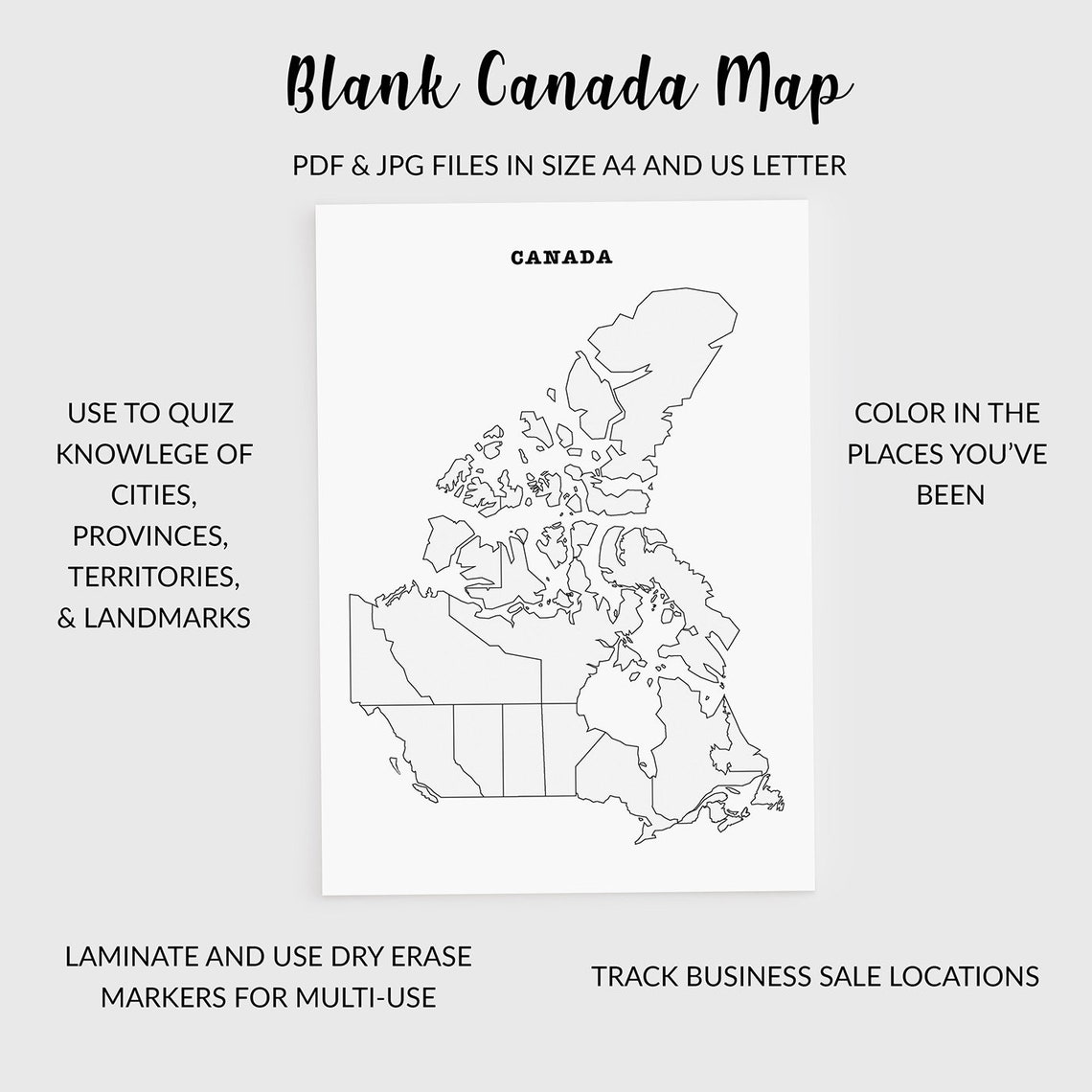 Blank Canada Map Printable: Fill in Canada, Sales Tracker (US Letter ...