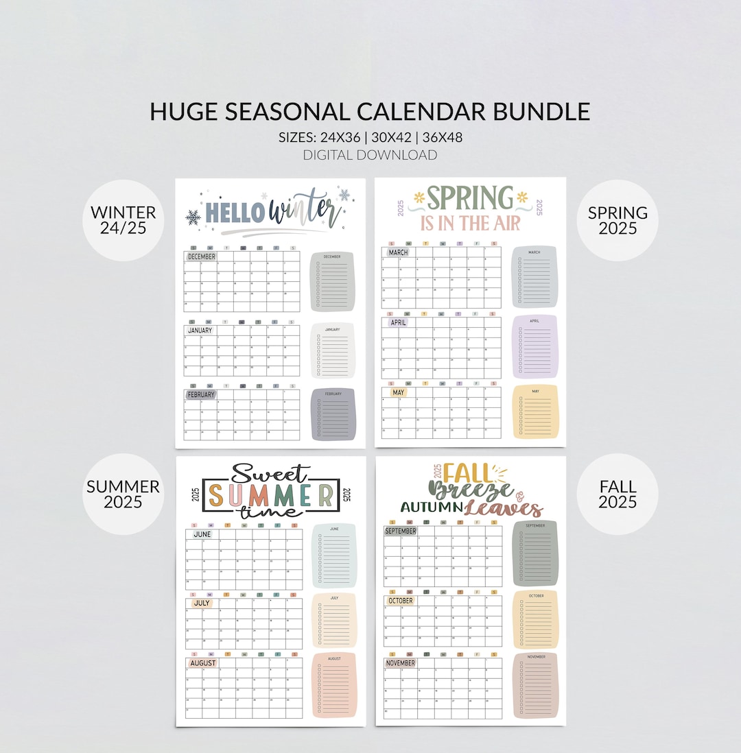 Huge Seasonal Calendar Set of 4, Winter 2024-2025, Spring 2025, Summer ...