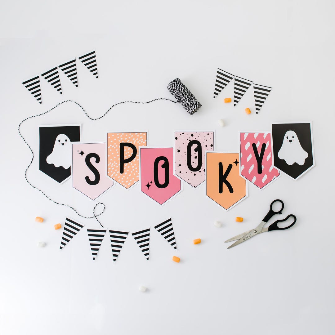 Printable Halloween Banner: Spooky Halloween Garland, Cute Ghost Pink ...